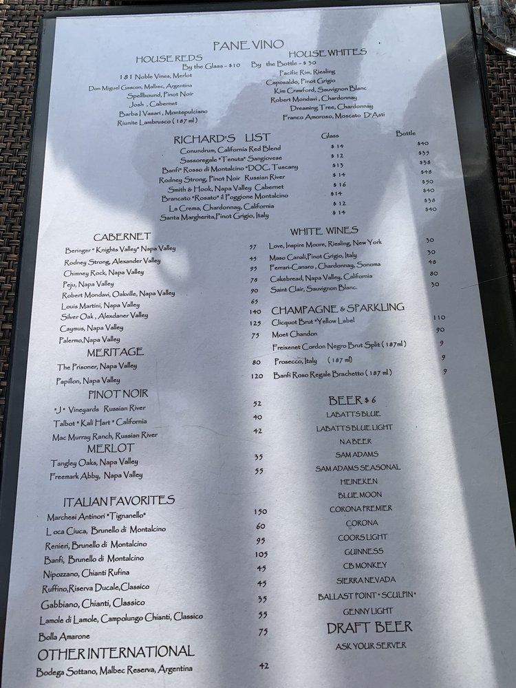 Menu at Pane Vino On The River restaurant, Rochester