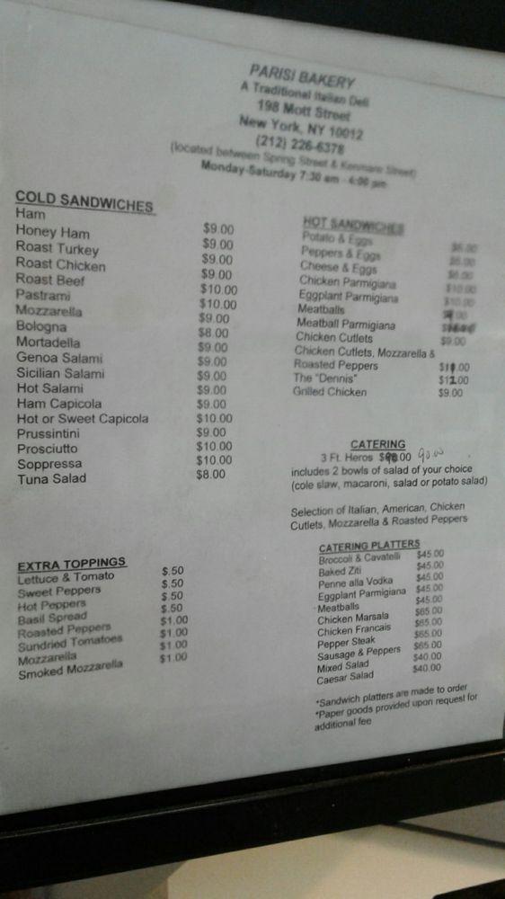 Menu at Parisi Bakery & Deli, New York City, 198 Mott St