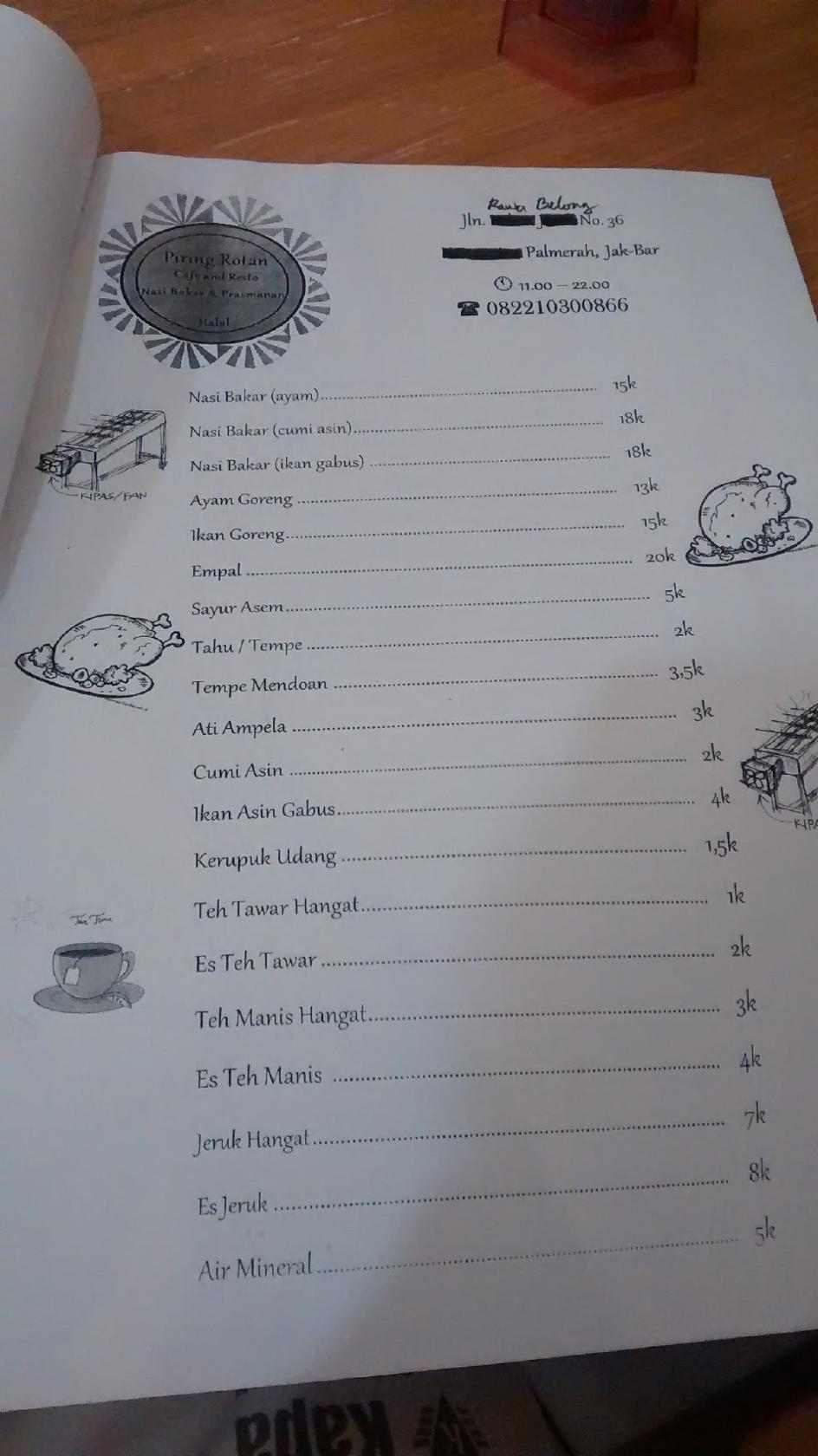 Menu at Piring Rotan restaurant, West Jakarta