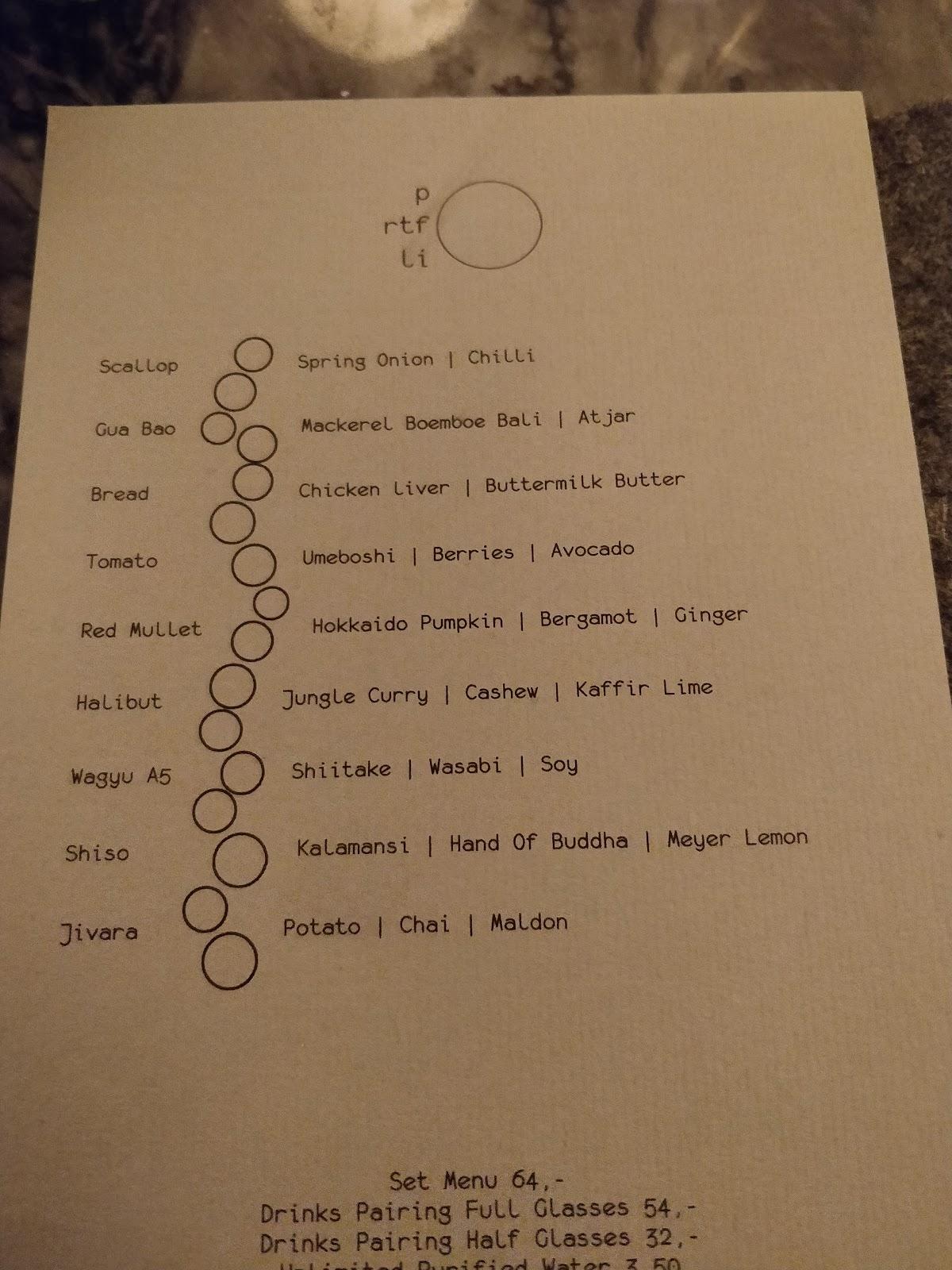 Menu at Portfolio, The Hague