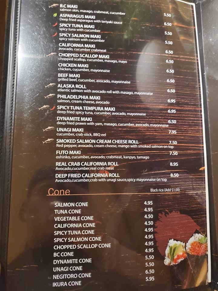 Menu at Sushi Wara restaurant, Comox