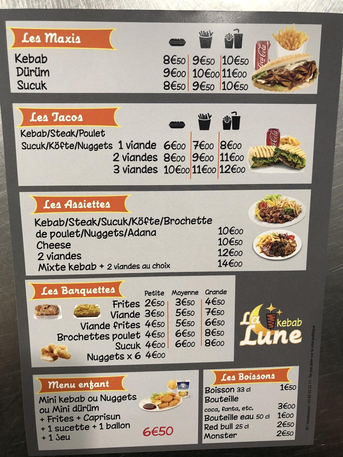 Menu au Kebab La Lune restaurant, Pompey