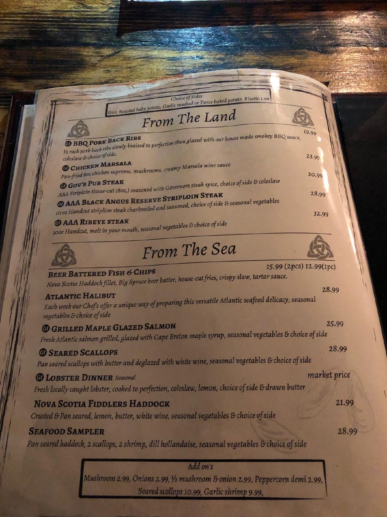 Menu at Governors Pub & Eatery, Sydney