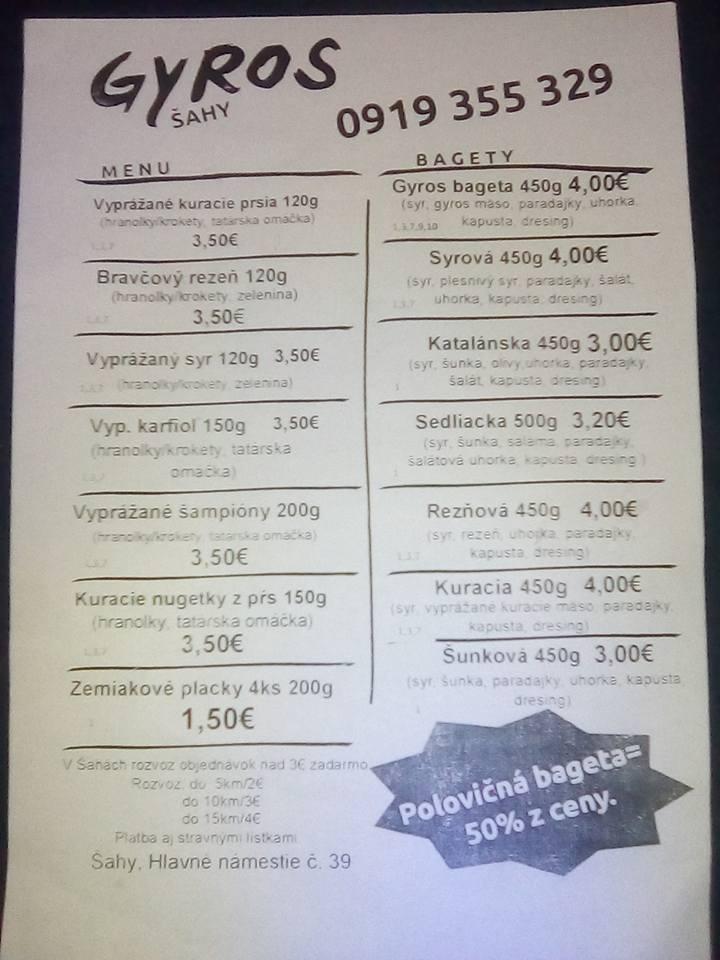 Menu at Gyros restaurant, Šahy