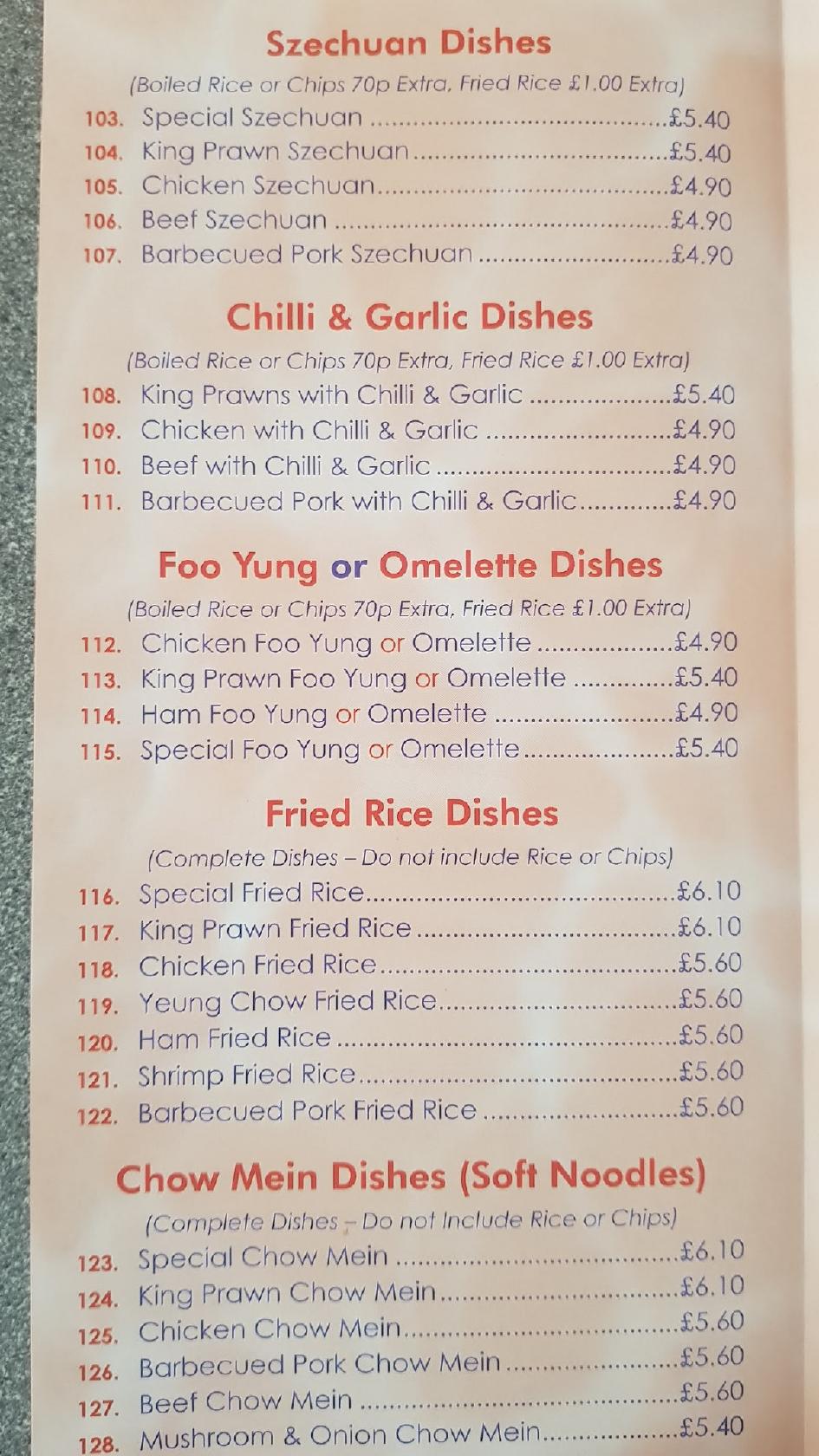 Menu at Lucky Palace restaurant, Haltwhistle