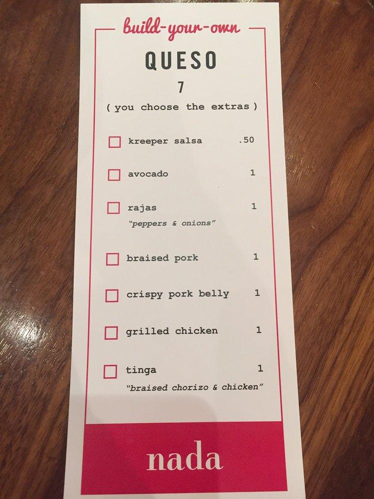 Menu at Nada pub & bar, Indianapolis