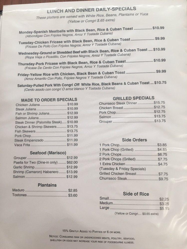 Menu at Rincon Cubano restaurant, Sarasota