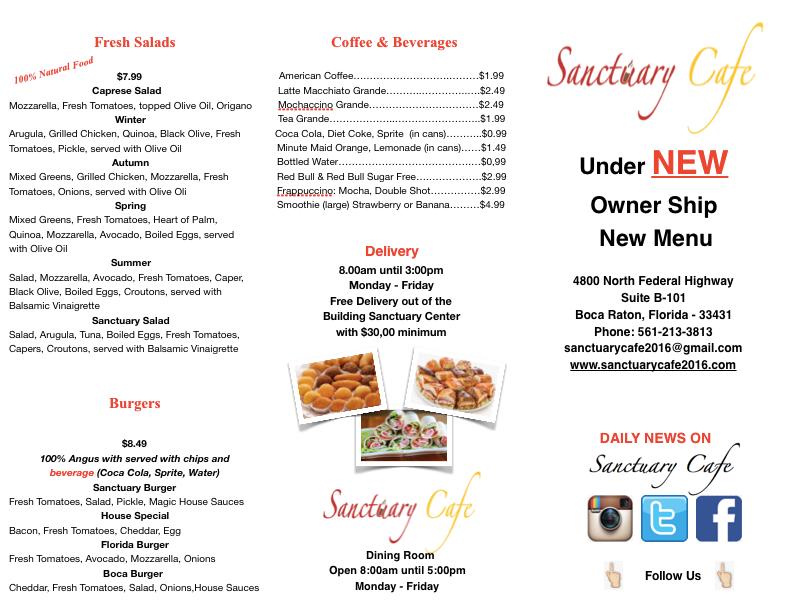Menu at Cafe Sanctuary, Boca Raton