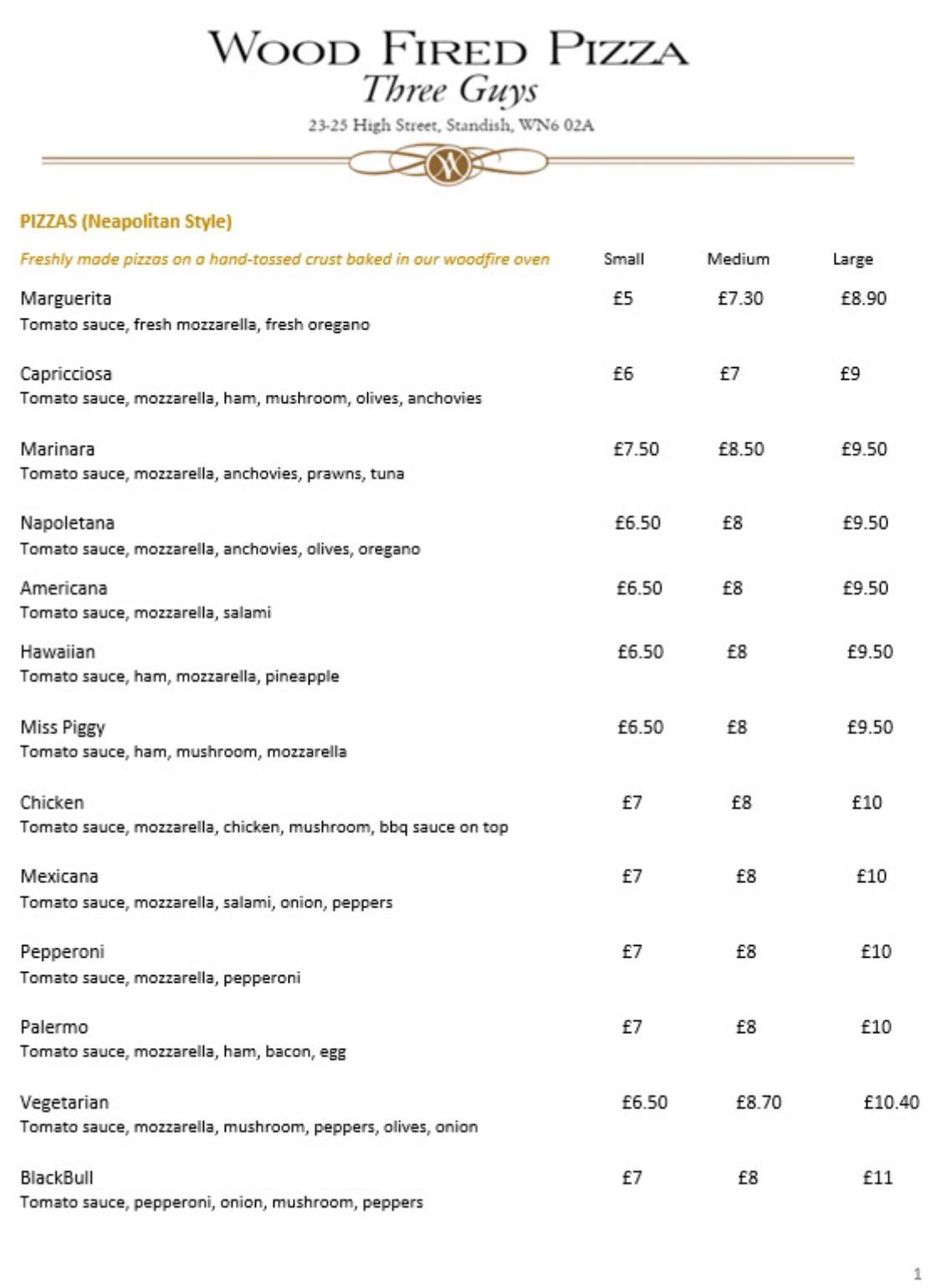 Menu at ThreeGuys Pizza Bar, Wigan