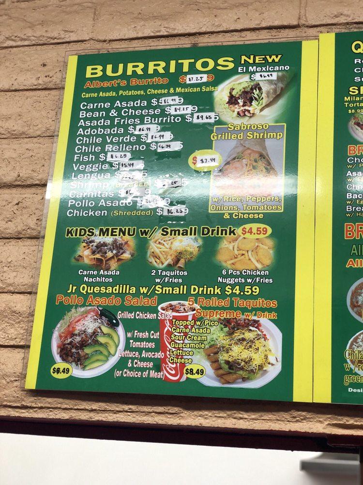 Menu at Albert's Mexican Food restaurant, Baldwin Park