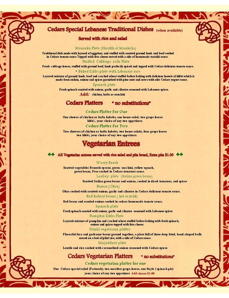 Menu at Cedars Mediterranean Cuisine restaurant, McMurray, Washington Rd