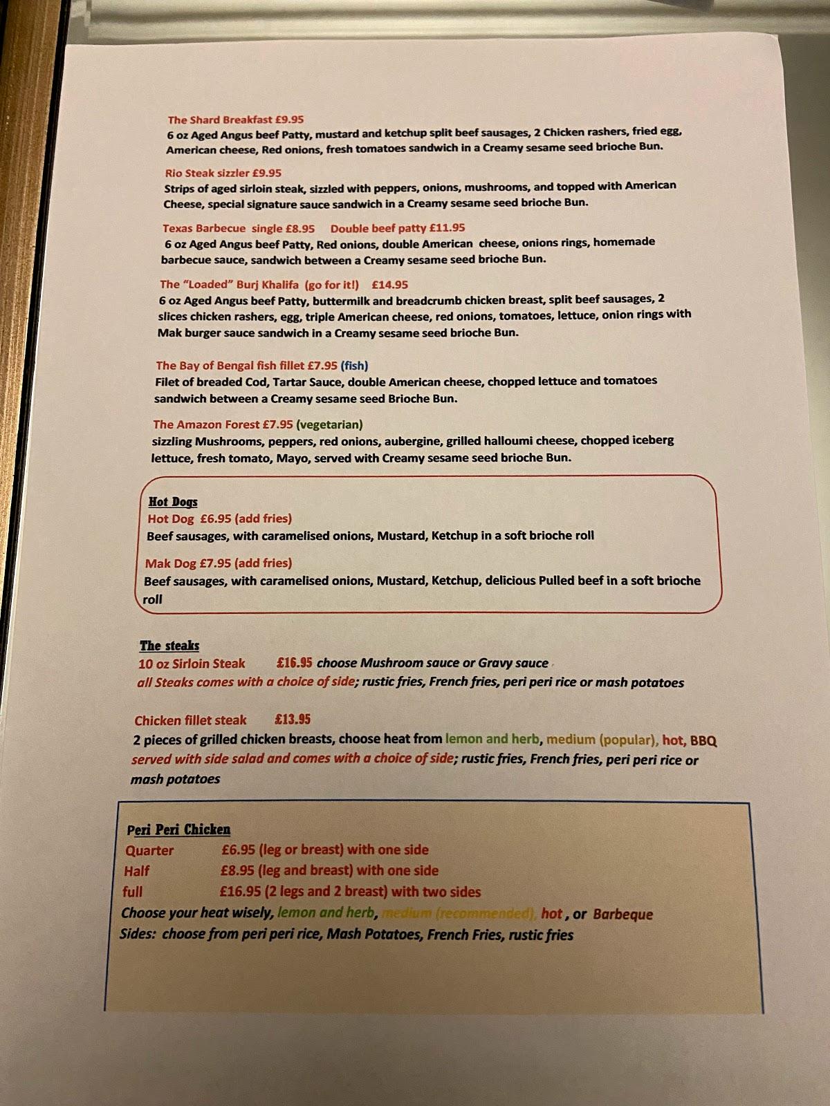 Menu at Mak Grillz restaurant, London