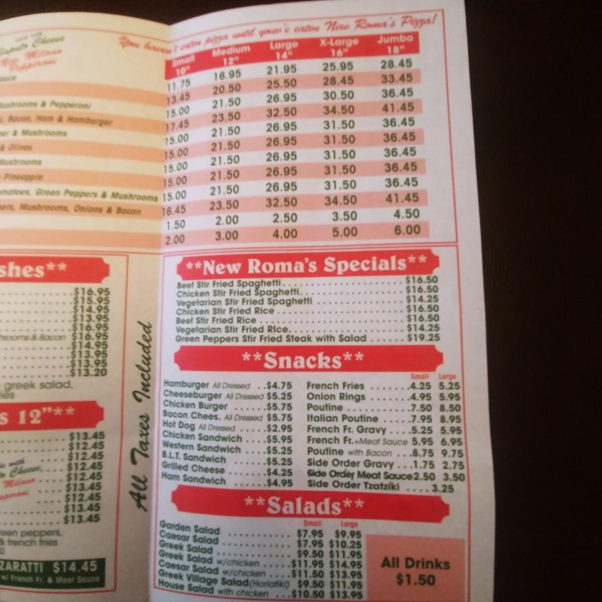 Menu at New Roma's Restaurant, Cornwall