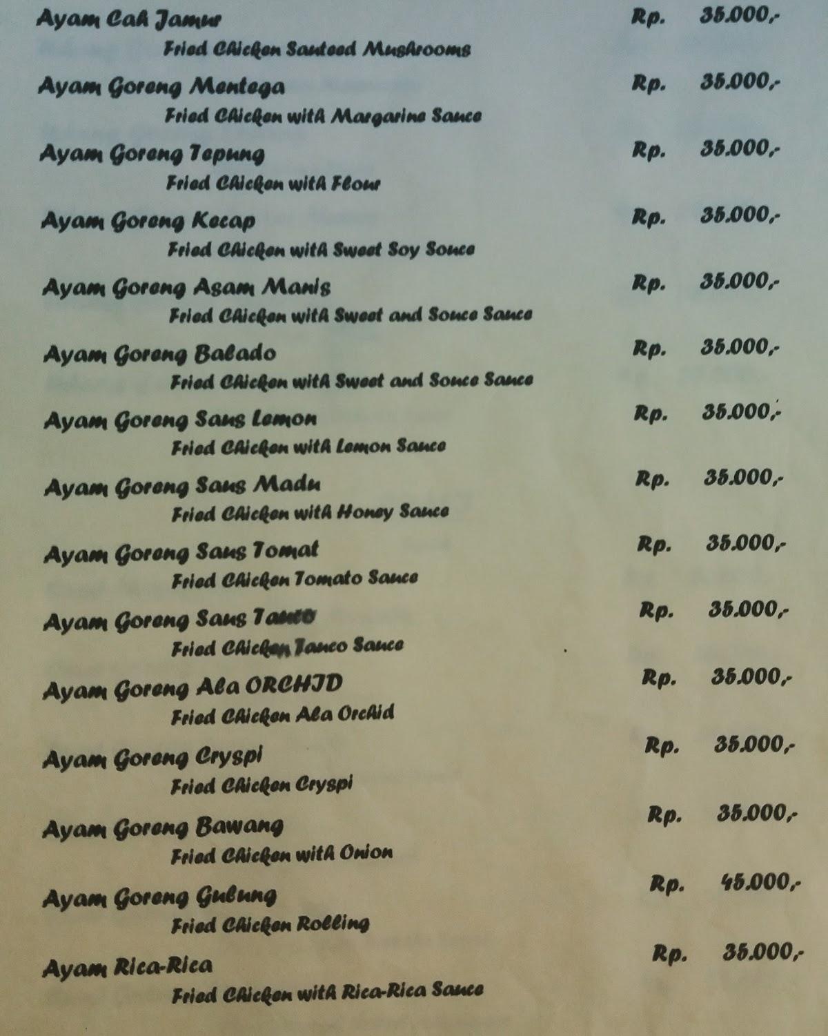 Carta de Orchid Cafe & Restaurant, Bukittinggi