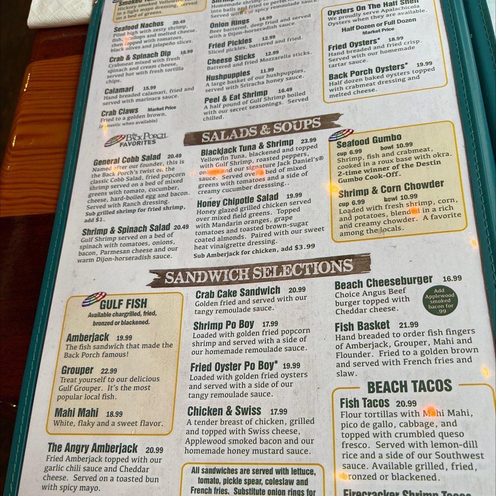 Menu at The Back Porch Seafood & Oyster House restaurant, Panama City ...
