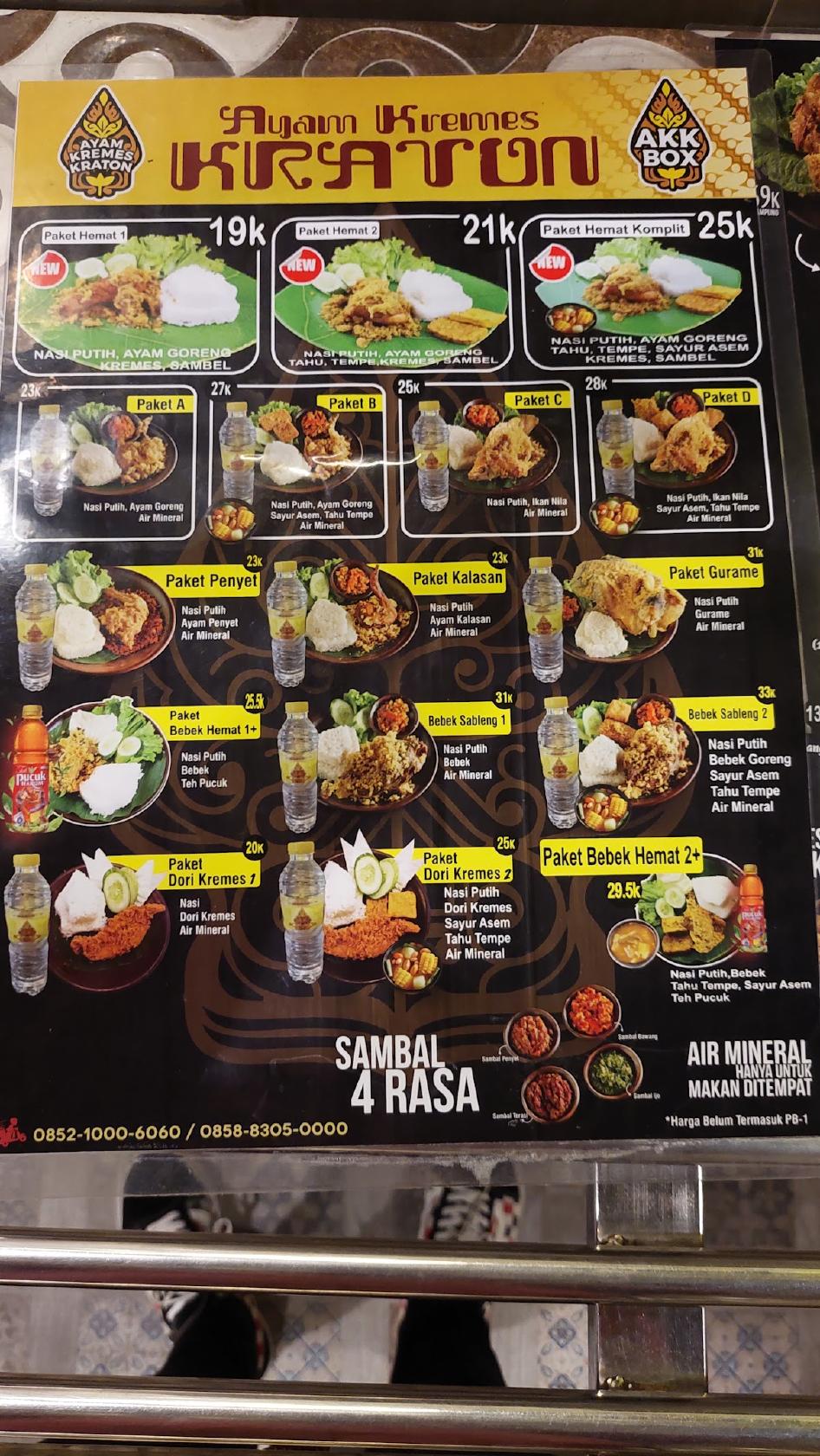 Menu at AKK (Ayam Kremes Kraton) restaurant, South Jakarta, Jl. Tebet ...