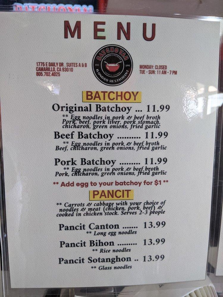 Menu at Batchoyan Ilonggo Restaurant, Camarillo