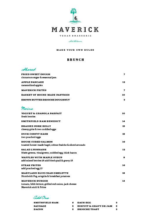 Menu at Maverick Texas Brasserie restaurant, San Antonio