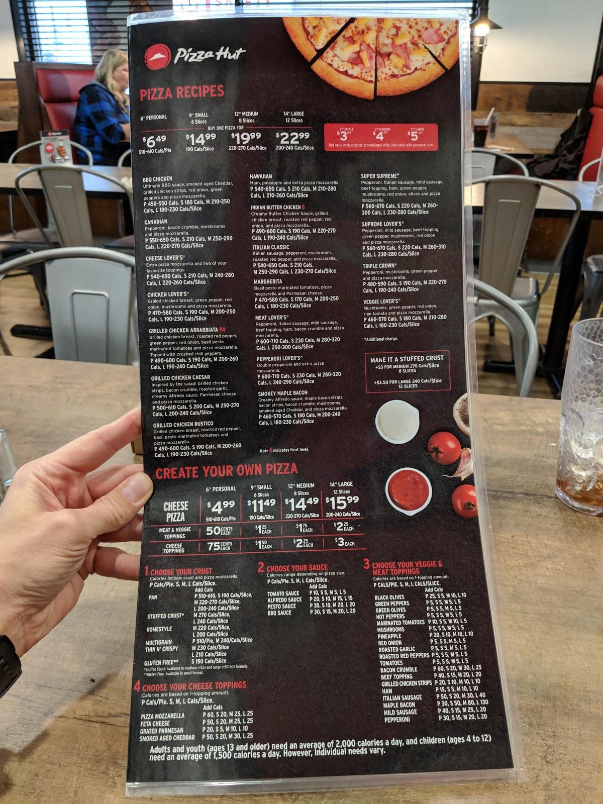 Menu at Pizza Hut pizzeria, Sarnia