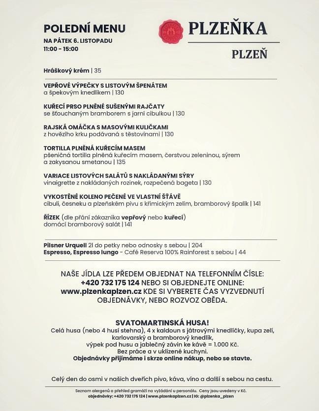 Carta del restaurante Plzeňka Plzeň, Pilsen