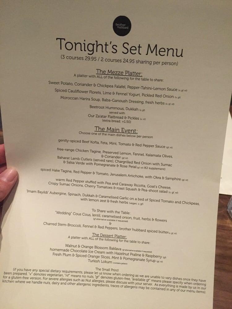 Menu at Brother Hubbard (North), Dublin