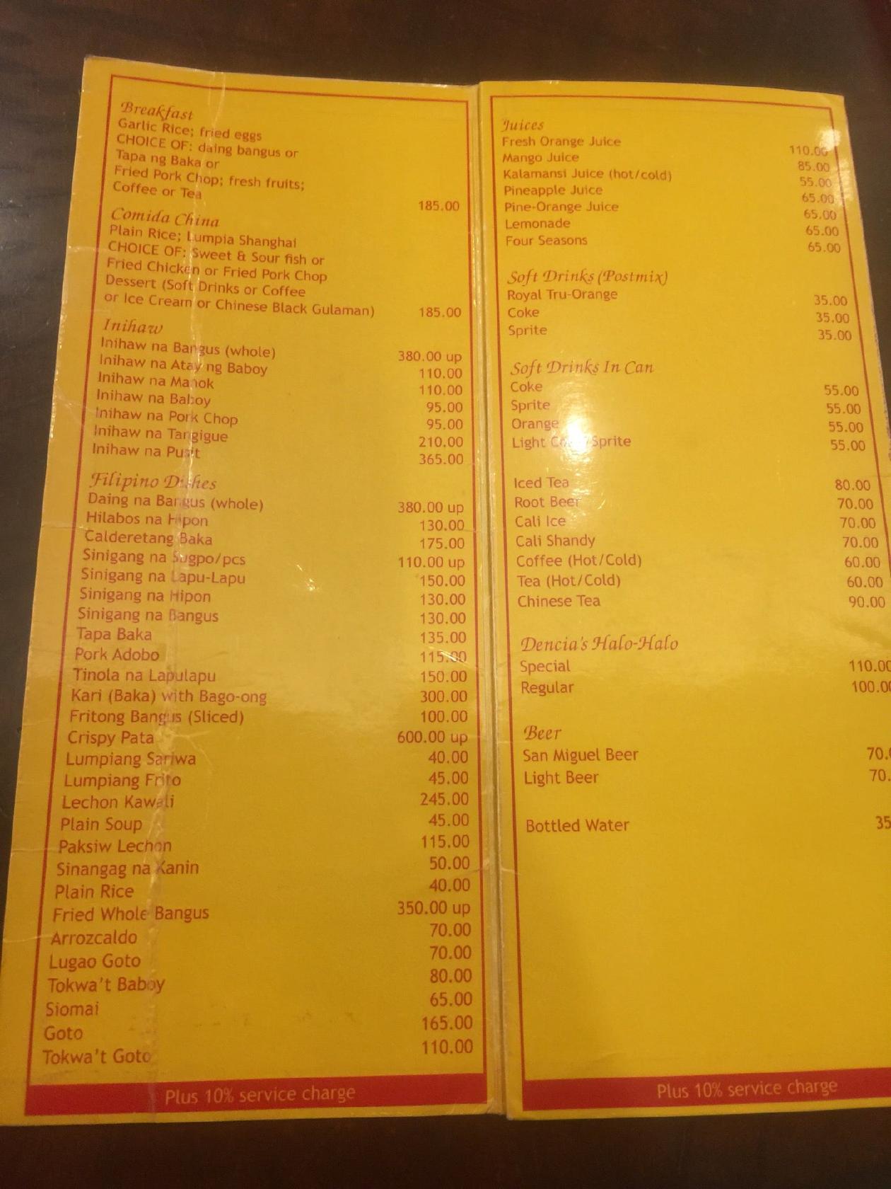 Menu at Davao Dencia's Restaurant, Davao City, General Luna St