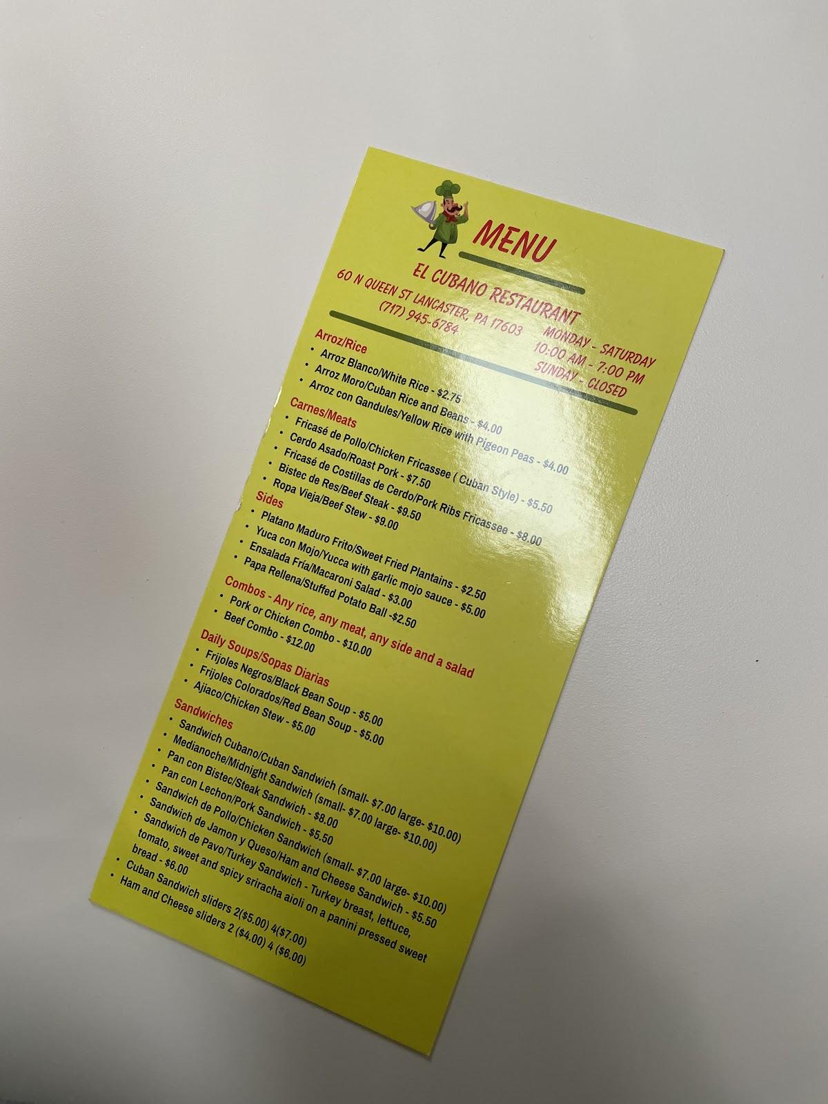 Menu at El Cubano Restaurant, Lancaster, 60 N Queen St