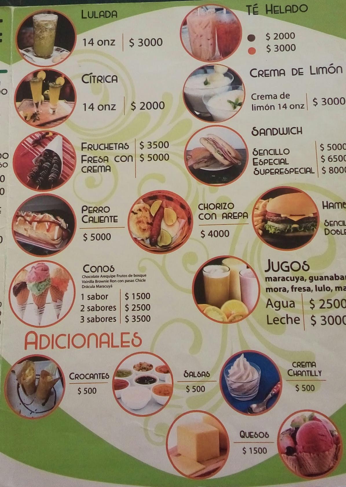 Menu at FRUTERÍA Y HELADERIA CHOLADOS Y FRAPPE, Moniquirá