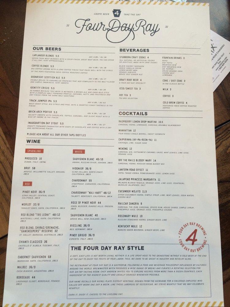 Menu at Four Day Ray Brewing pub & bar, Fishers