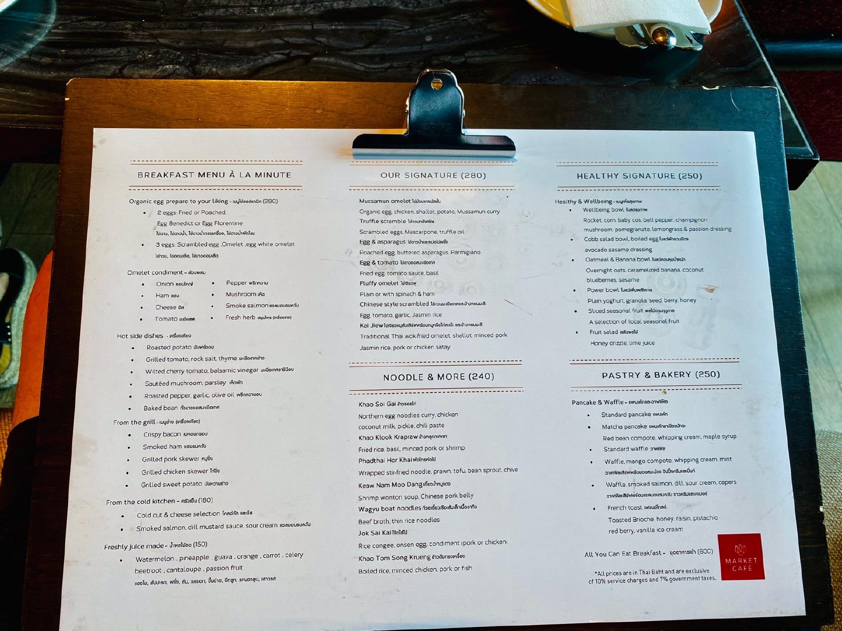 Menu at Market Café restaurant, Bangkok, 4th Floor
