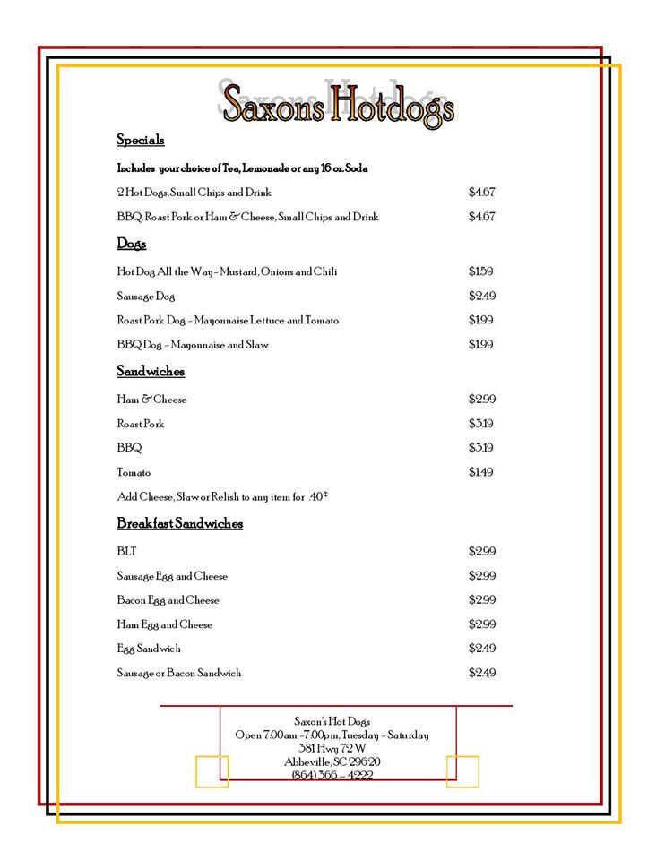Menu at Saxon's Hotdogs restaurant, Abbeville