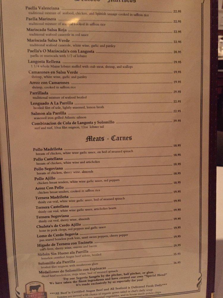 Menu at Segovia Restaurant, Moonachie