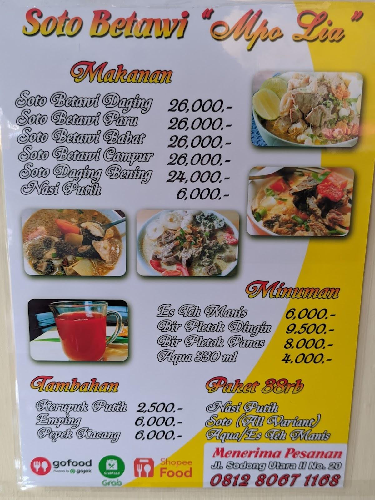 Menu at Soto Betawi Mpok Lia restaurant, East Jakarta