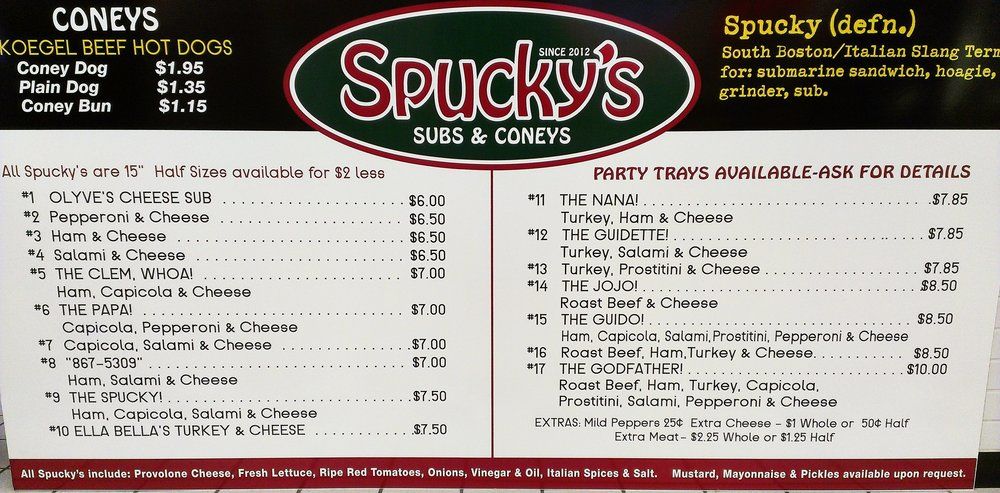Menu at Spucky's Subs & Coneys cafe, Saginaw