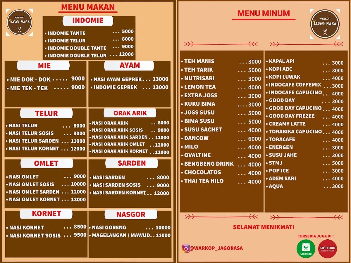 Menu at Warkop JAGO RASA restaurant, Bandung