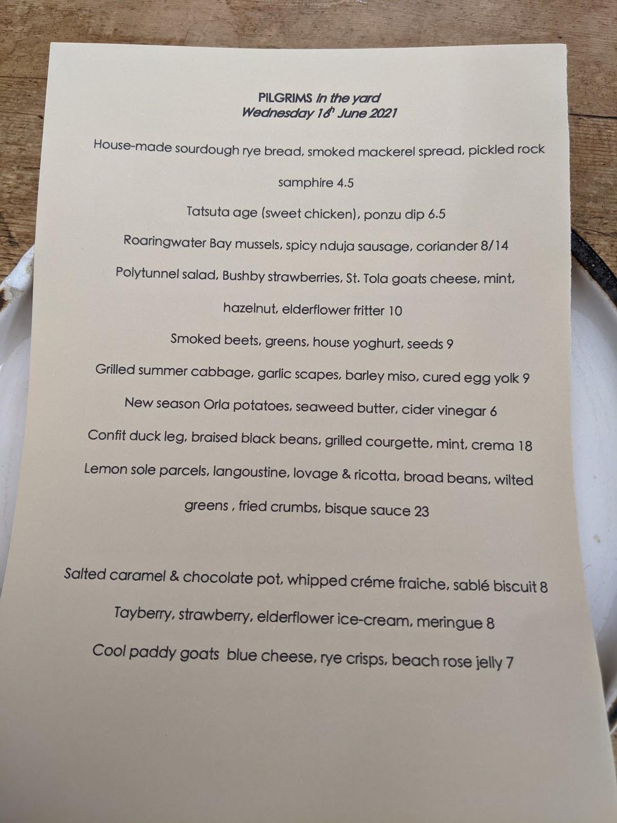 Menu at PILGRIM'S Restaurant, Rosscarbery