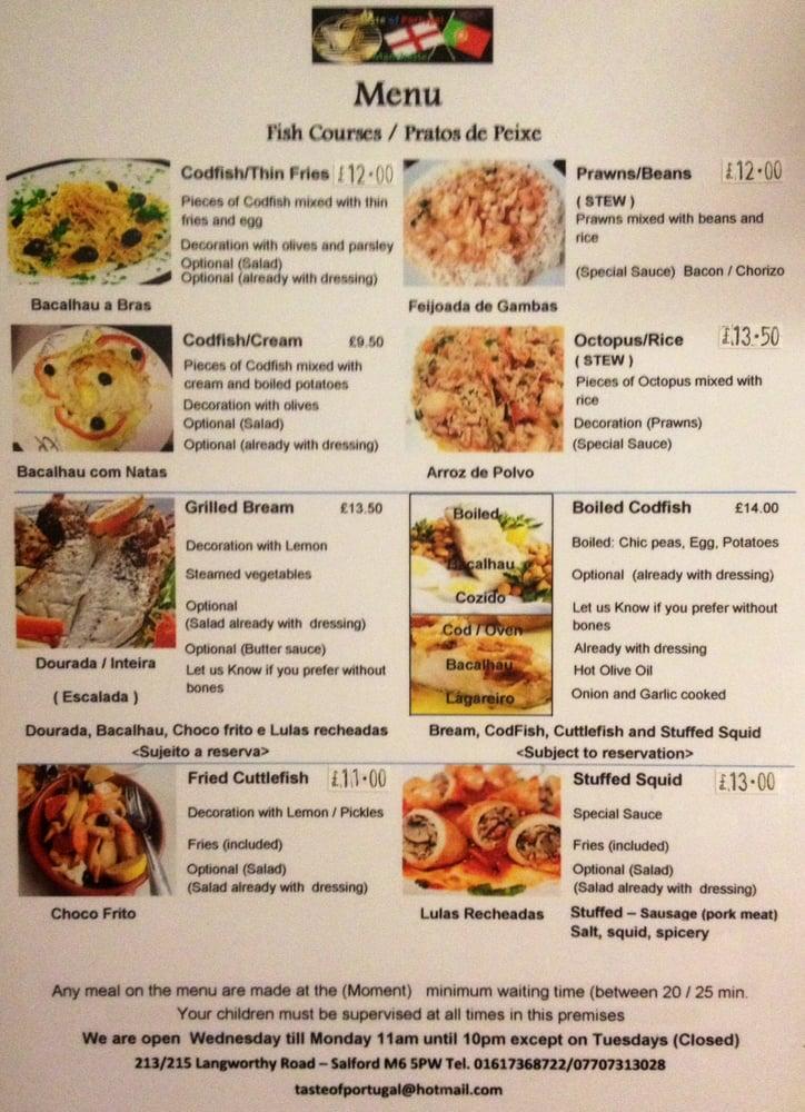 Menu at Taste of Portugal restaurant, Salford, 213/215 Langworthy Road