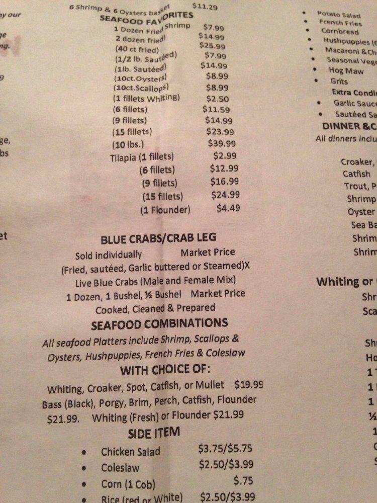 Menu at Williams Seafood restaurant, Walterboro