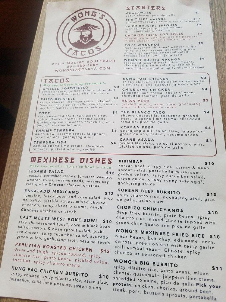 Menu at Wong's Tacos - Greengate restaurant, Richmond