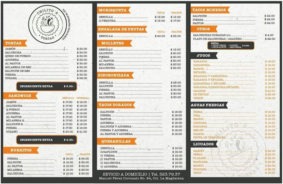 Menu at Chilito's Tortas restaurant, Uruapan, Josefa Ortiz de Domínguez 1