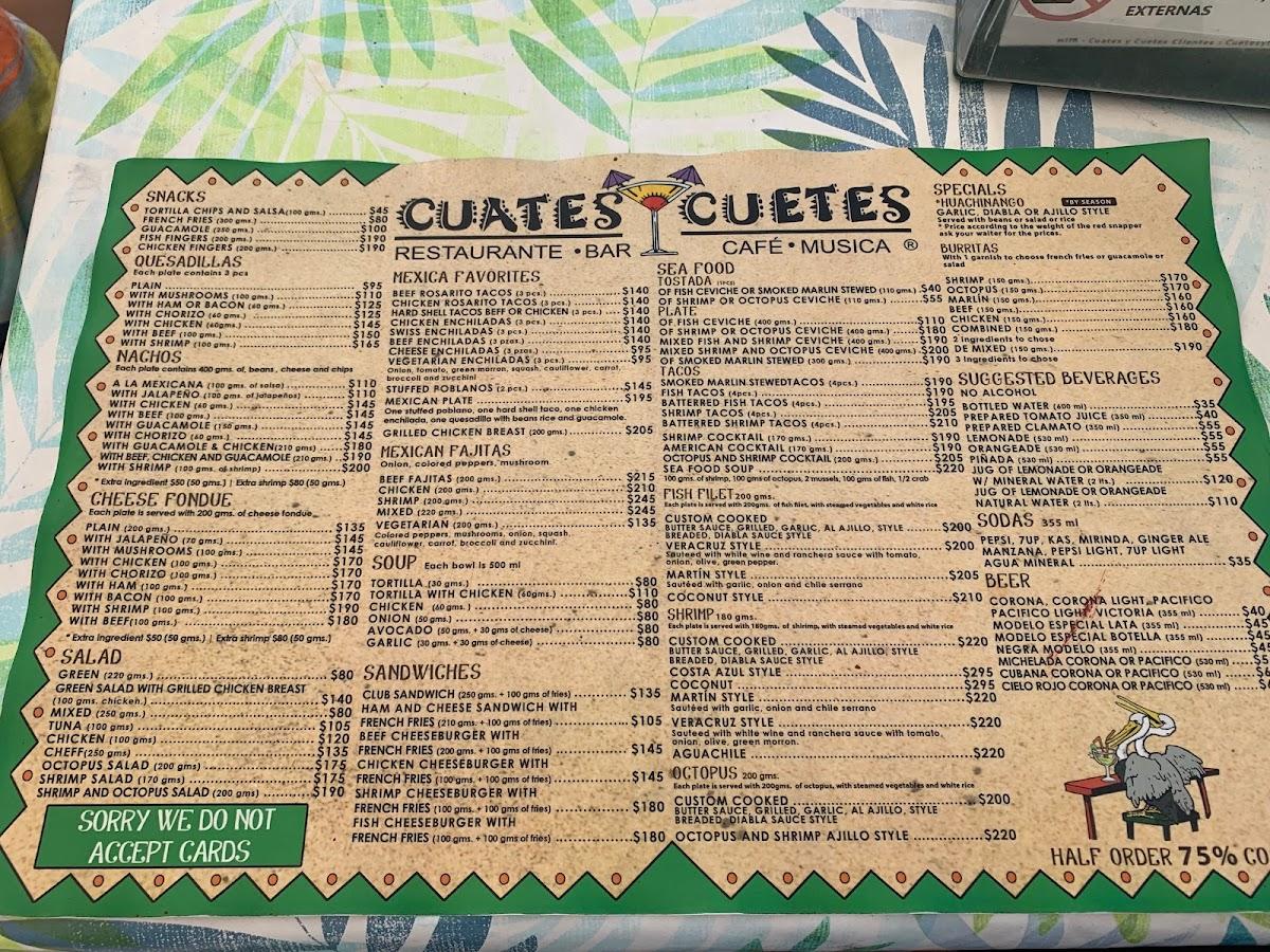 Menu at Cuates y Cuetes restaurant, Puerto Vallarta