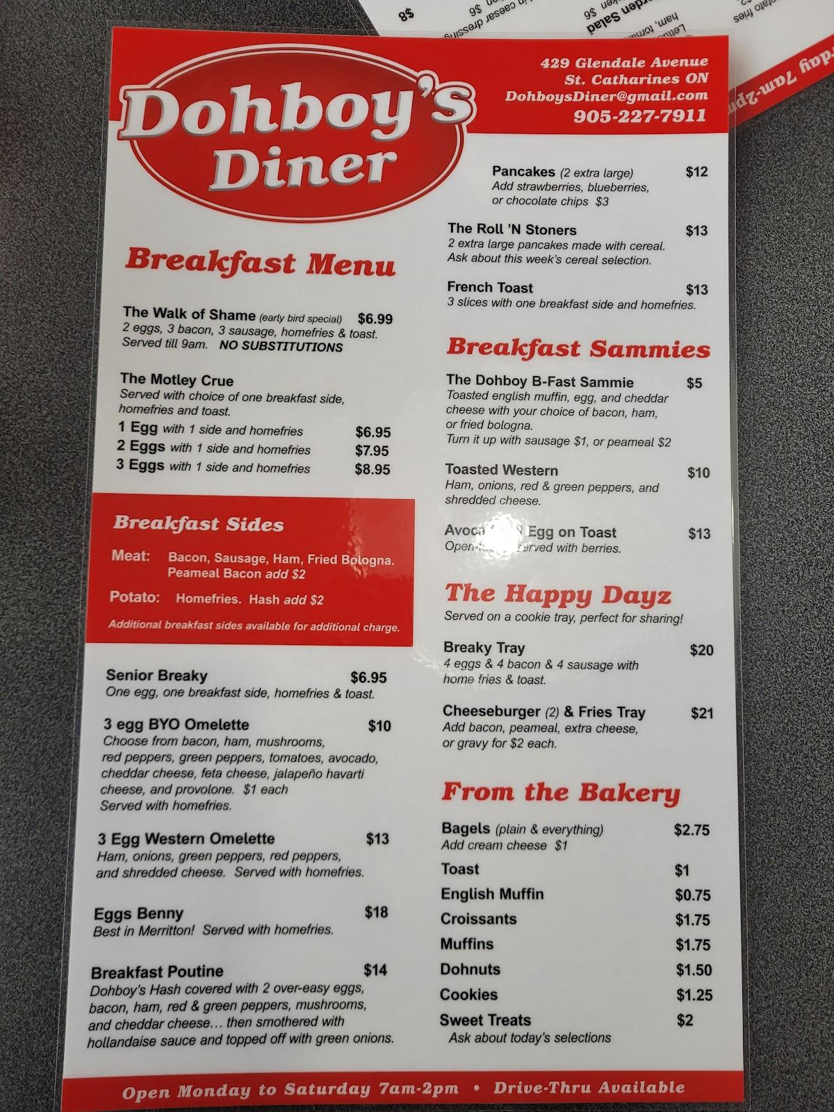 Menu at Dohboy's Diner restaurant, St. Catharines