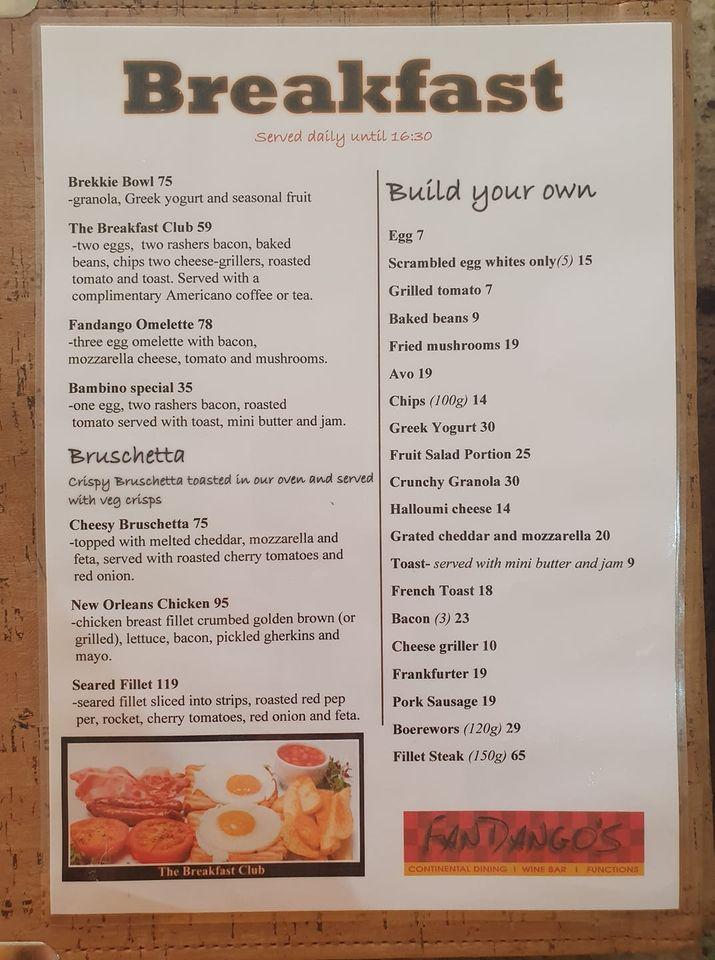 Menu at Fandangos restaurant, Vereeniging