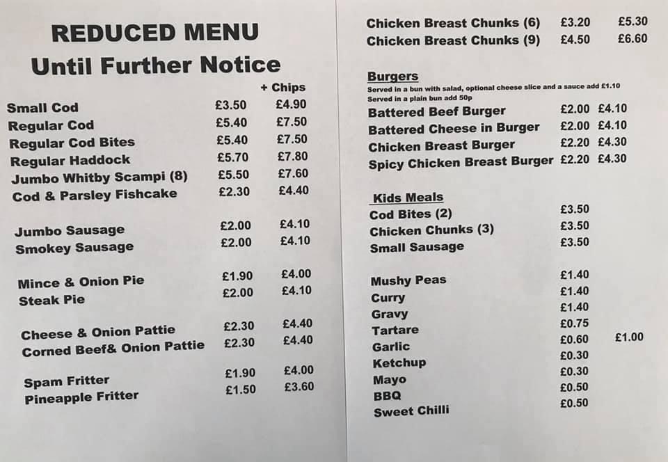 Menu at Fenham Fish Bar, Newcastle upon Tyne, 21 Stamfordham Rd