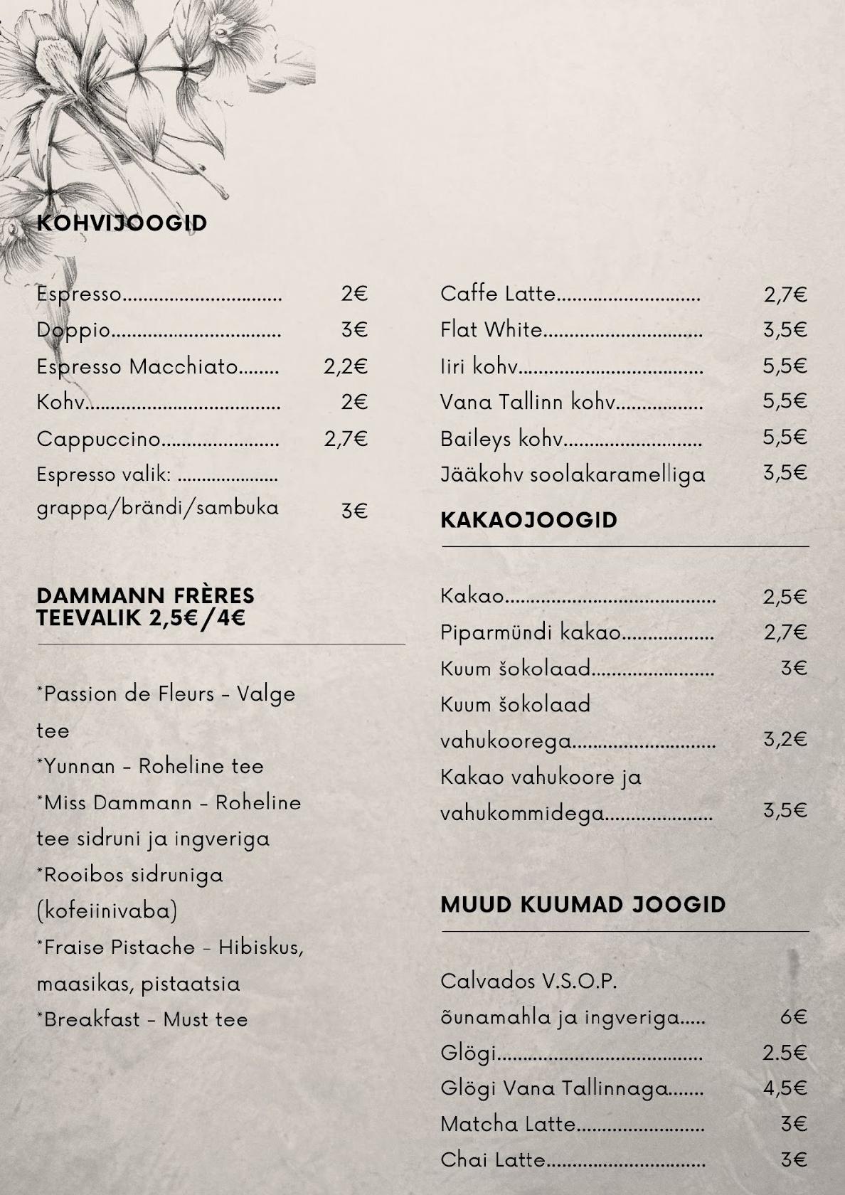Menu at Käbi kohvik cafeteria, Tallinn