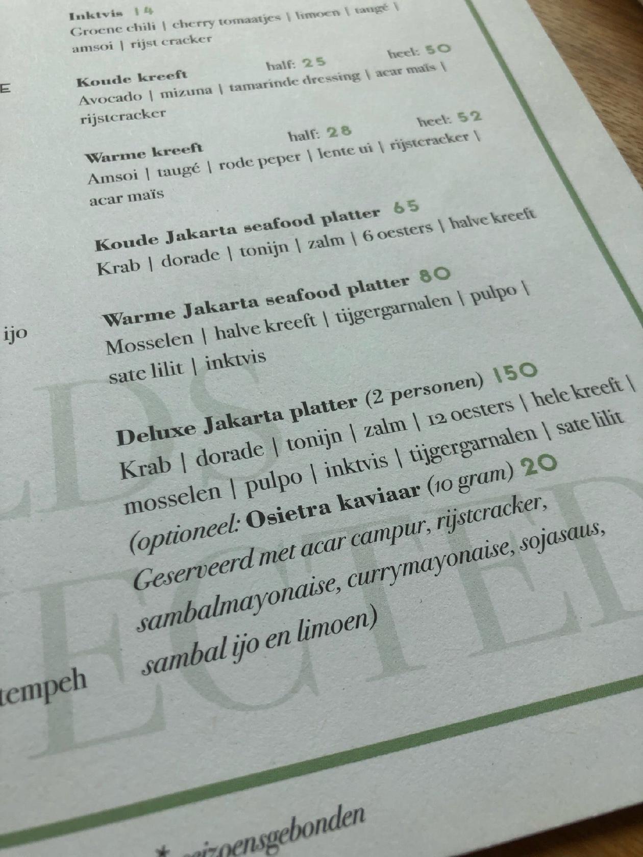 Menu at Hotel Jakarta, Amsterdam
