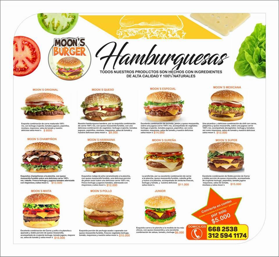 Menu at Moon's Burger restaurant, Villavicencio