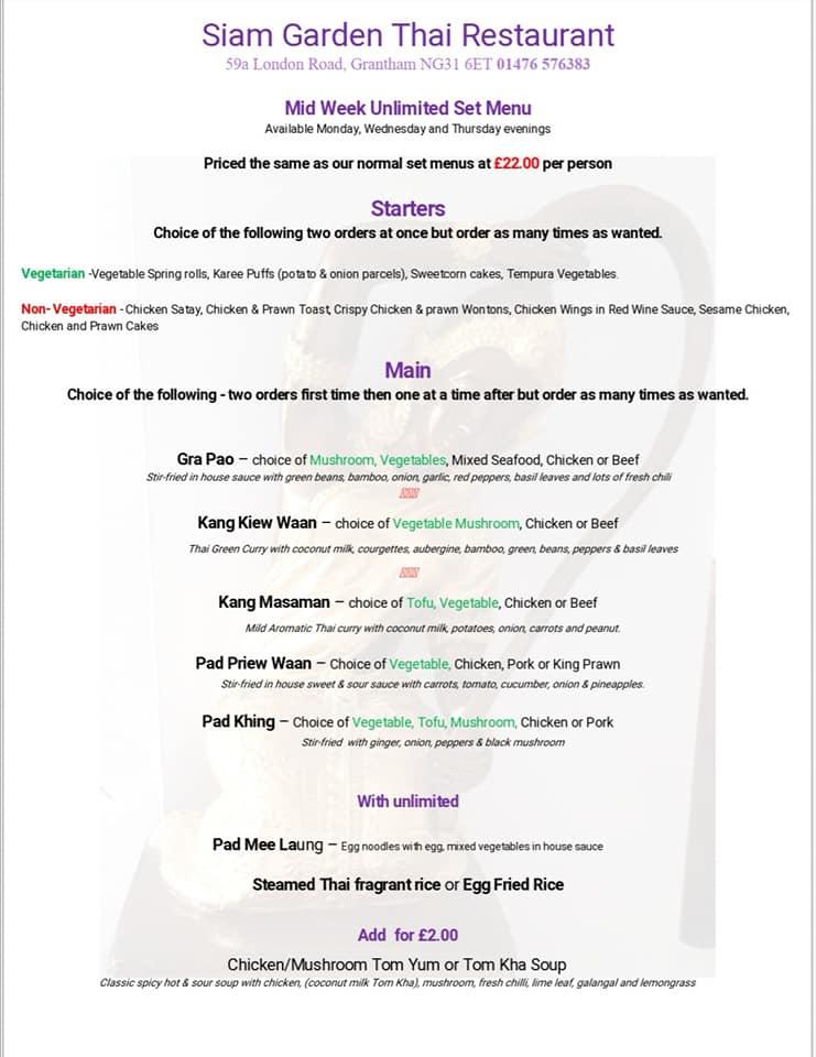 Menu at Siam Garden restaurant, Grantham