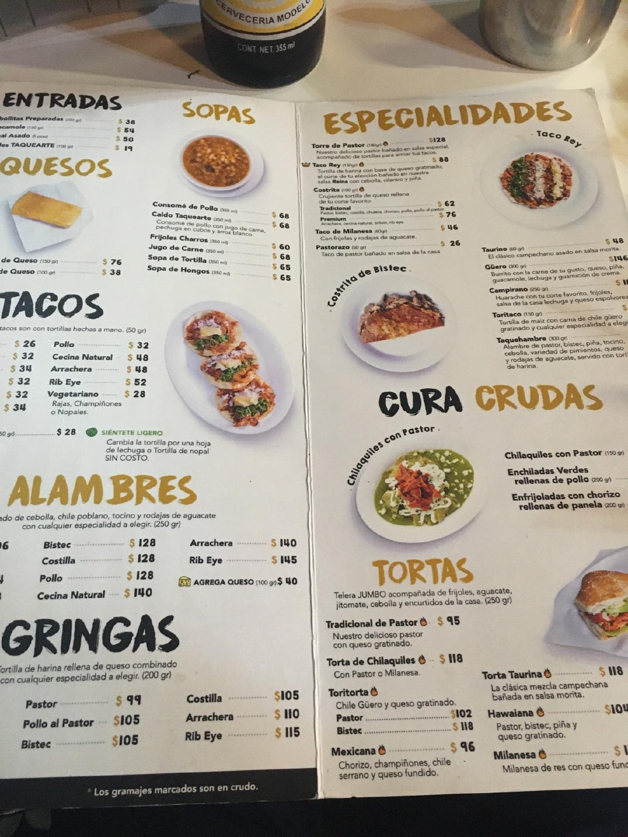 Carta del restaurante Taquearte Express, Ciudad del México, Nicolás San Juan 1748