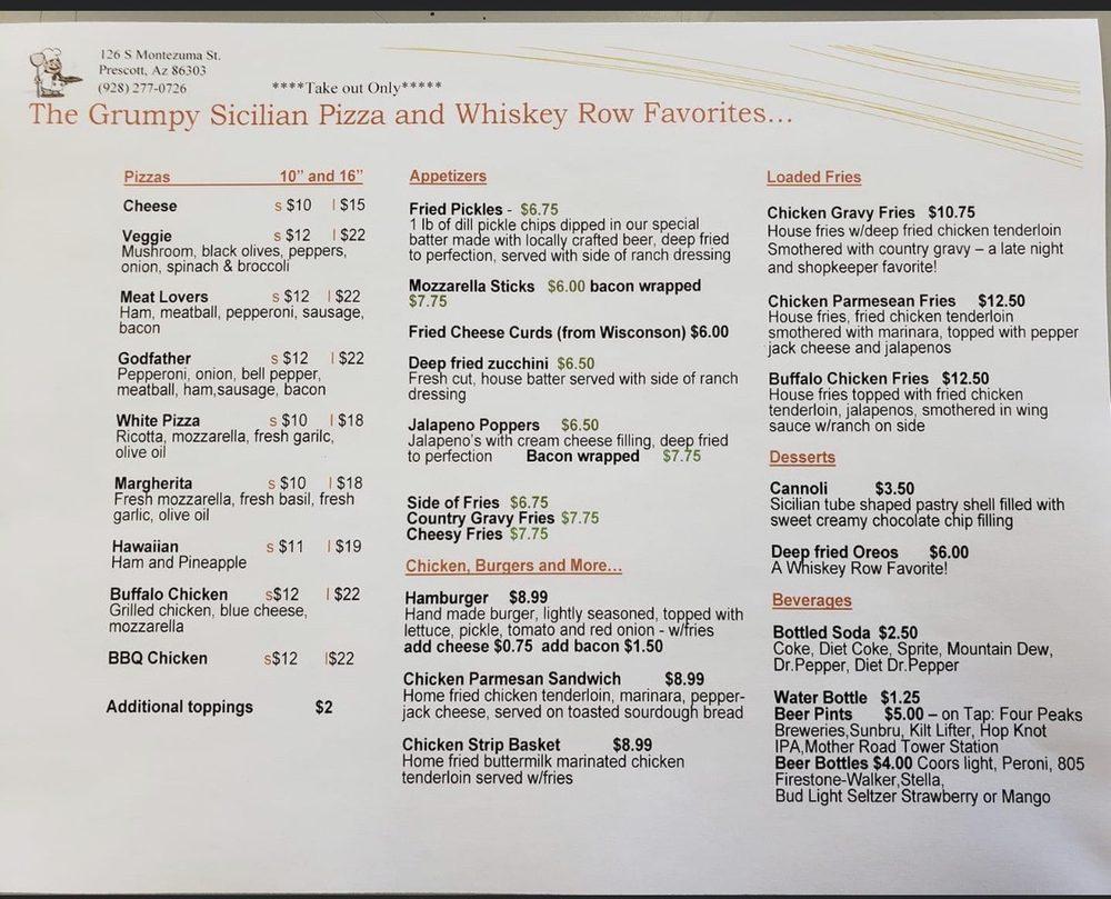 Menu at The Grumpy Sicilian pizzeria, Prescott